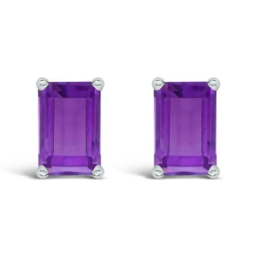 HAUS OF BRILLIANCE 14k Gold Emerald Cut Gemstone Stud Earrings - Purple Amethyst | White